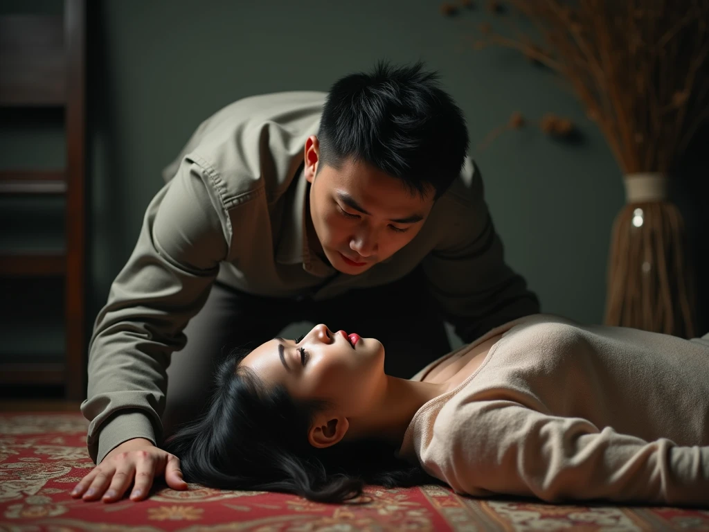 A 30 year old Chinese man kneels on the floor with a fierce look on his ...