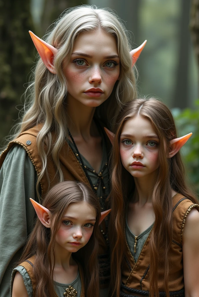 An old elf woman with brown white mottled long wavy hair and 2 elves of ...