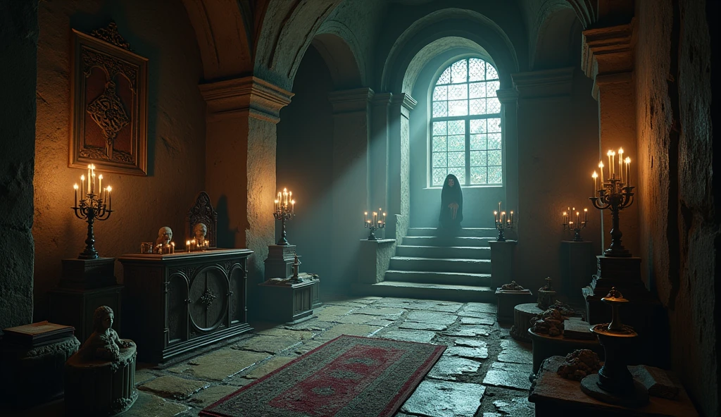 A hyper realistic dimly lit horror religious room with relics - SeaArt AI