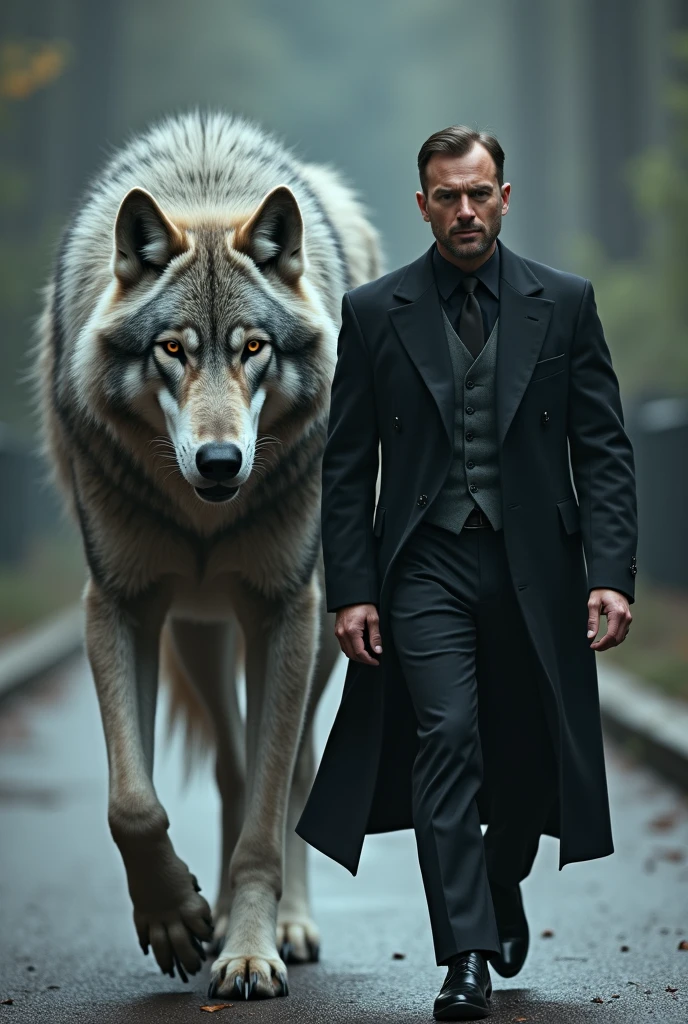 A man wearing a black suit alongside a giant wolf walks in front of the ...