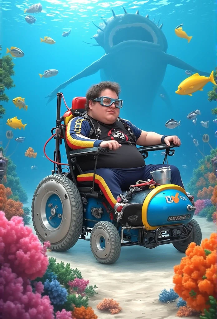 Cartoon, GTA STYLE, GAME POSTER, 1boy, fat diver on a wheelchair among ...
