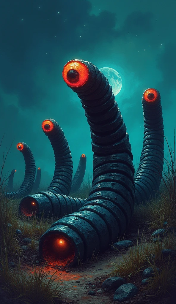 (FULL FOCUS ) (Three huge, black earthworms with one glowing eye crawl ...