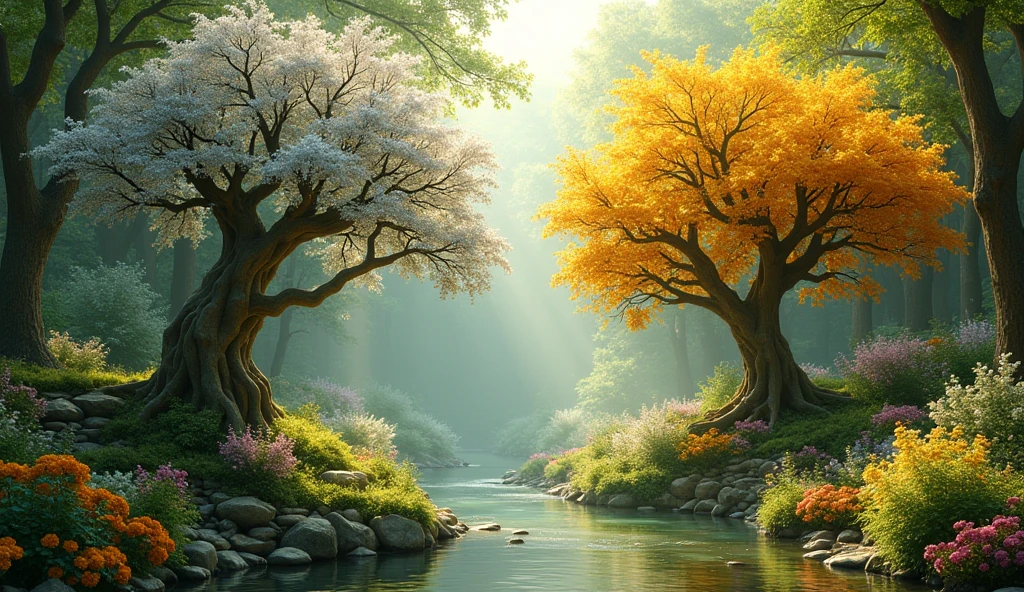 "A serene representation of the Garden of Eden, with lush greenery ...