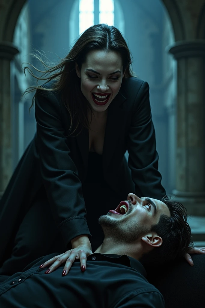 Vampire Angeline Jolie , white-eyed , with an open mouth and vampire ...