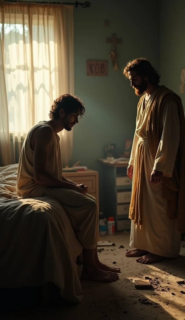 A vertical 9:16 image of a messy and dirty bedroom. On the edge of an ...