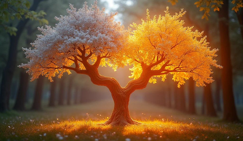 Two bright intertwined trees, with sparkling apples that shine a warm ...