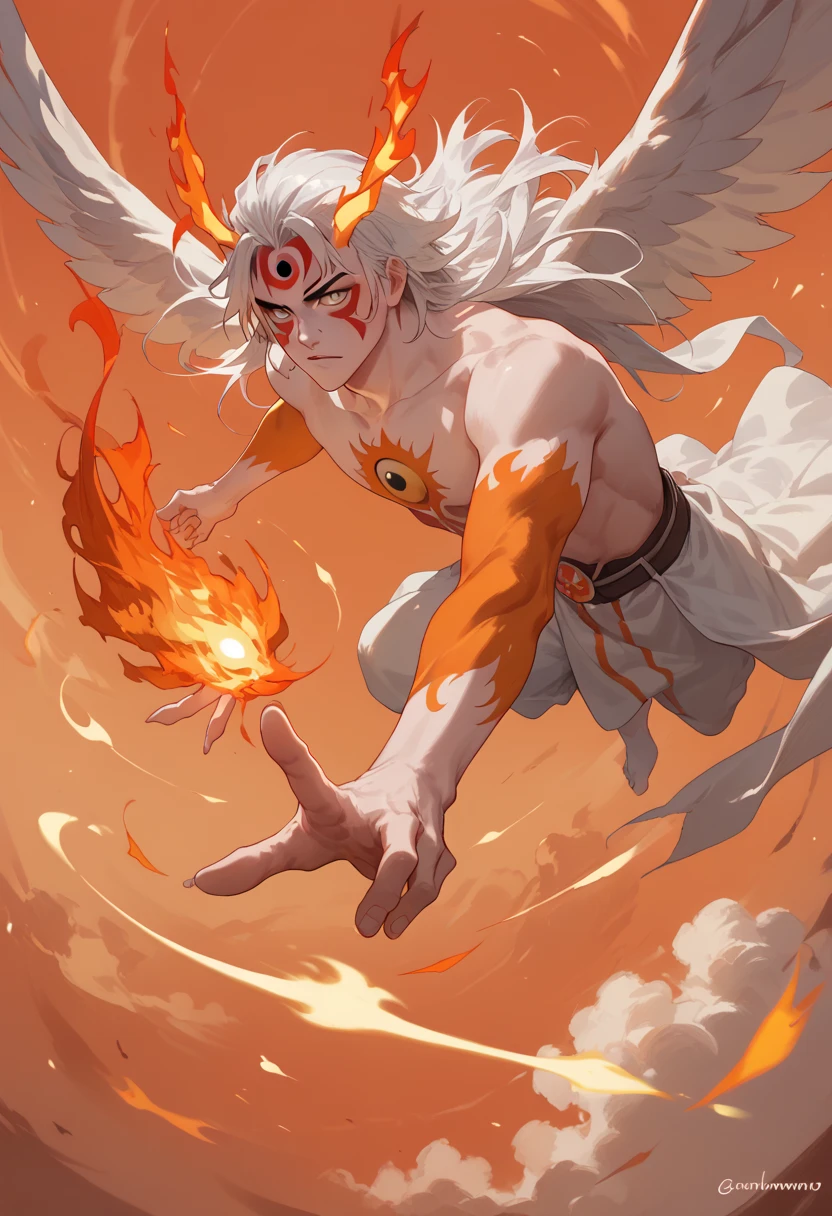 Man, fire hair, white skin, red face paint, jentry chau, anime style ...