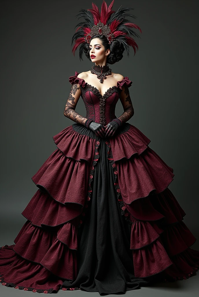 Make me a rococo goth gown with a hind of swiss design and goth make up ...