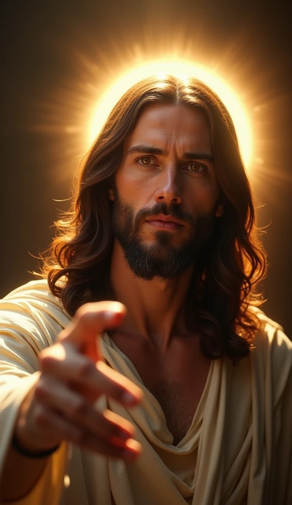 A beautiful, radiant Jesus Christ taking a selfie, highly detailed face ...