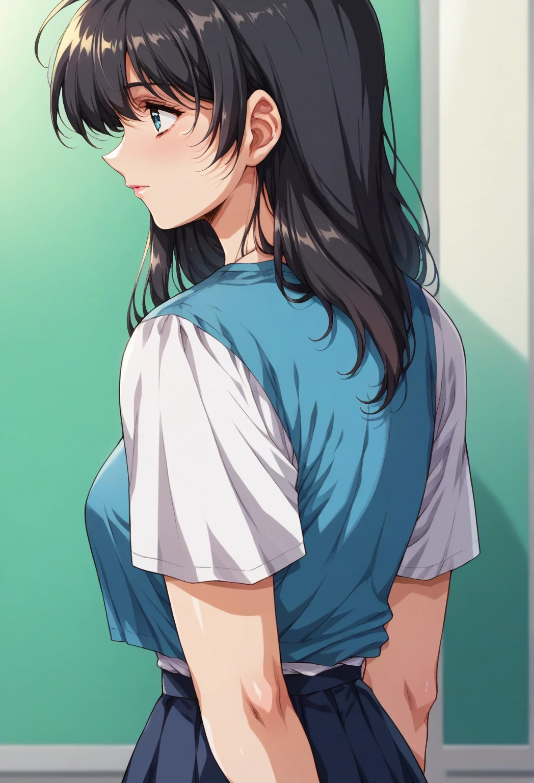 Black Hair 、 dark blue skirt 、 wears a plain white t-shirt that shows ...