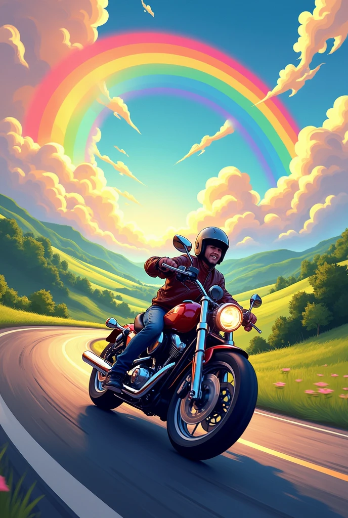 Traveling by motorcycle in sunny and rainbow weather. illustration ...
