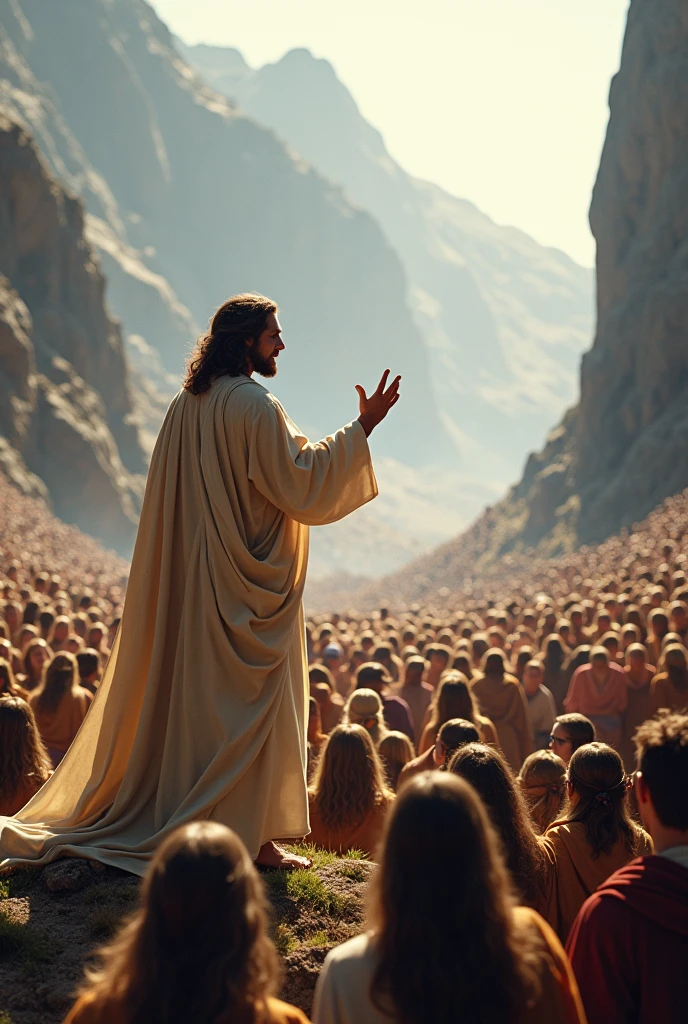 Generate Jesus Christ preaching to the most realistic mountain crowd ...