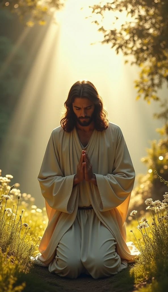 Jesus kneeling in a beautiful place with his hands placed for prayer ...