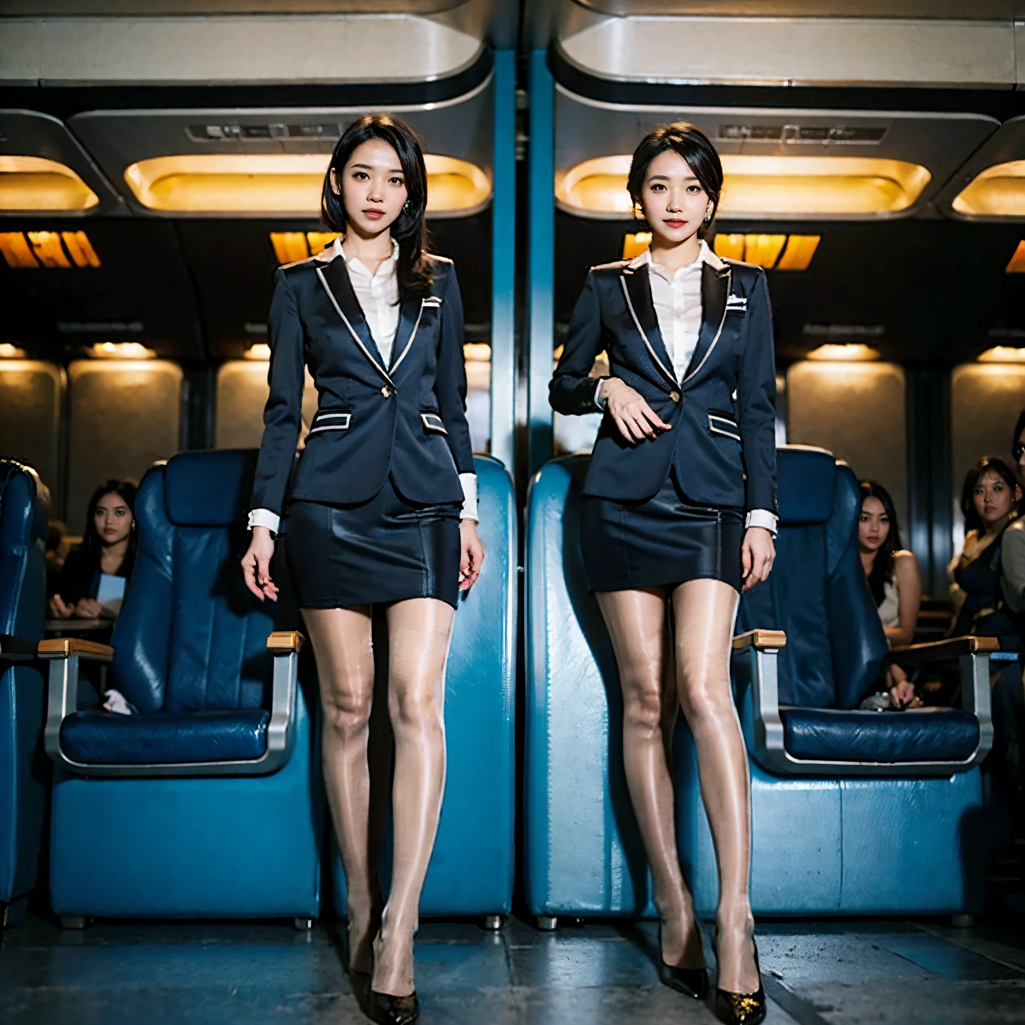 Two women in business attire standing on a train with people in the ...