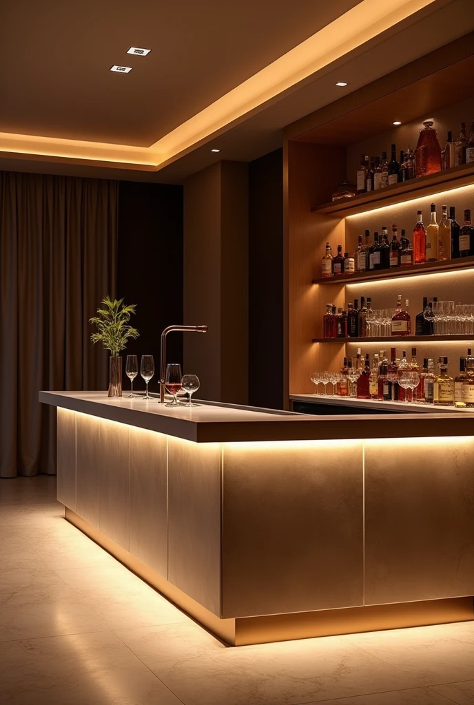 A luxurious modern room with a rectangular corner bar counter featuring ...