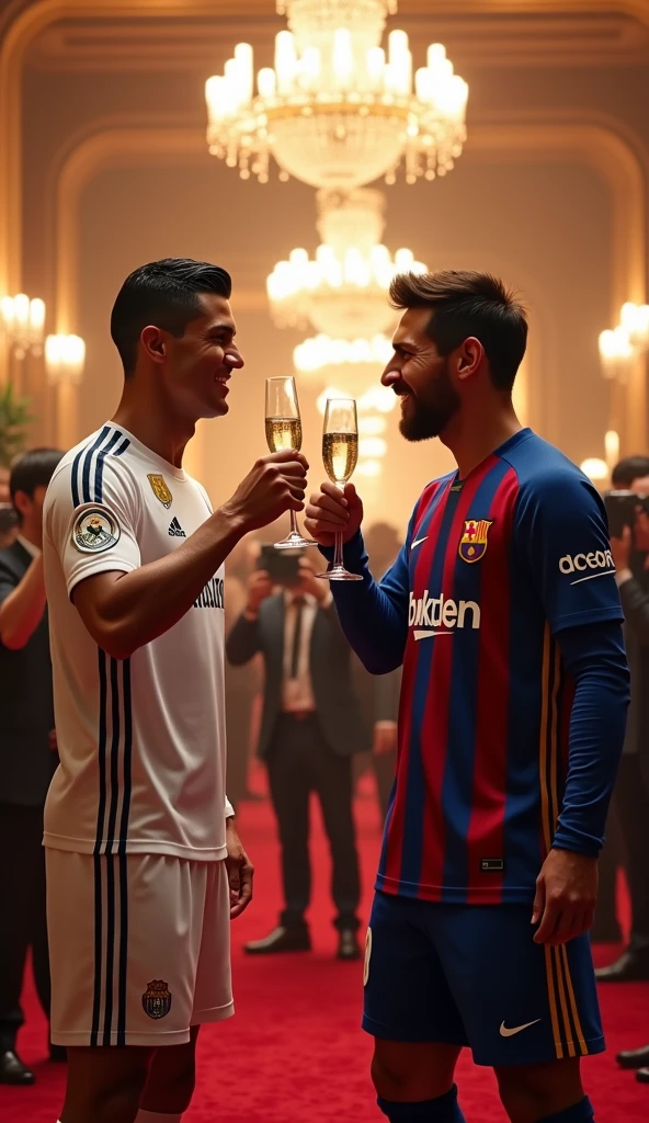 Cristiano Ronaldo, with the Real Madrid jersey cheers with Leonel Messi ...