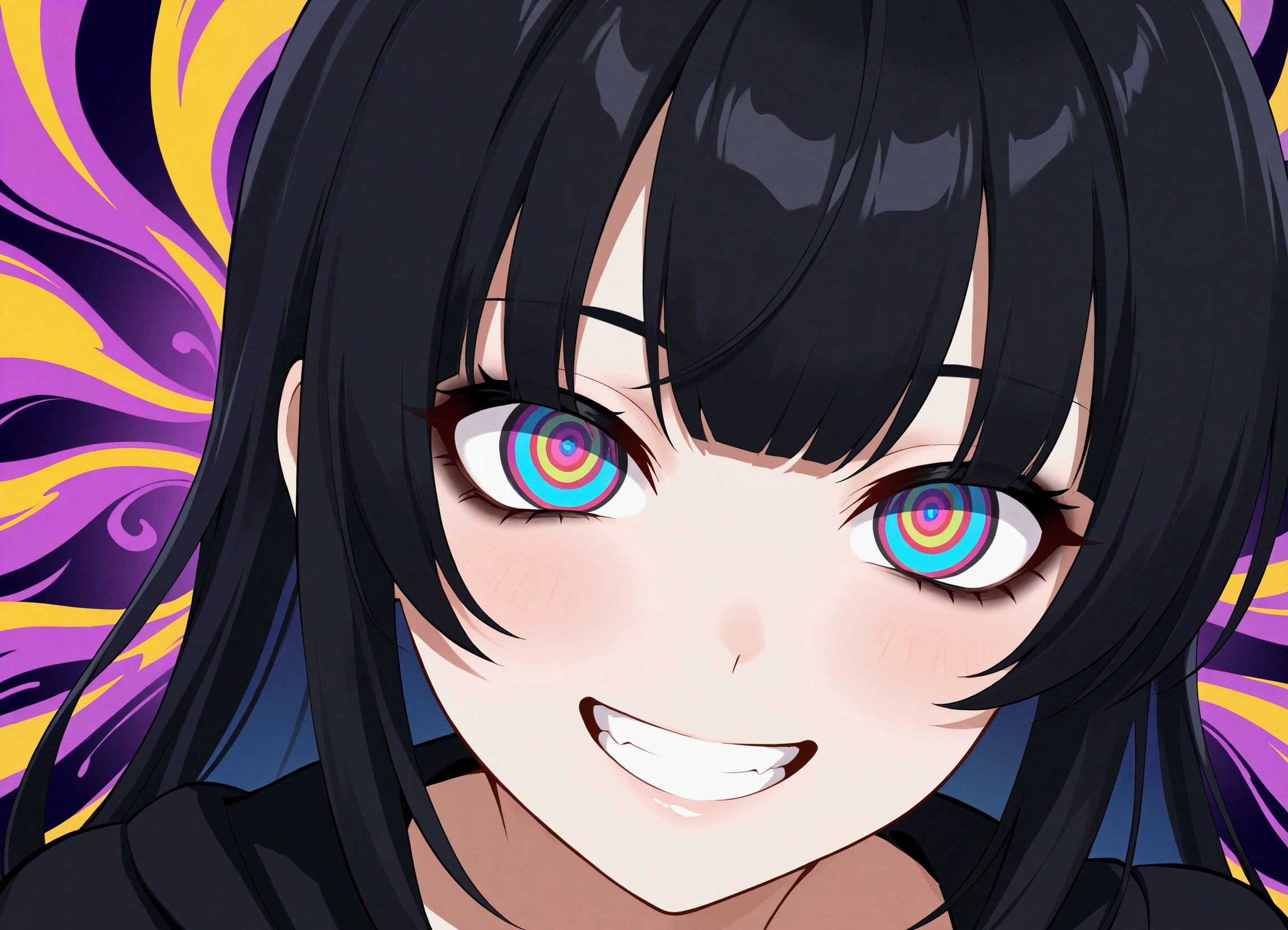 Anime girl with blue eyes and black hair smiling at the camera - SeaArt AI