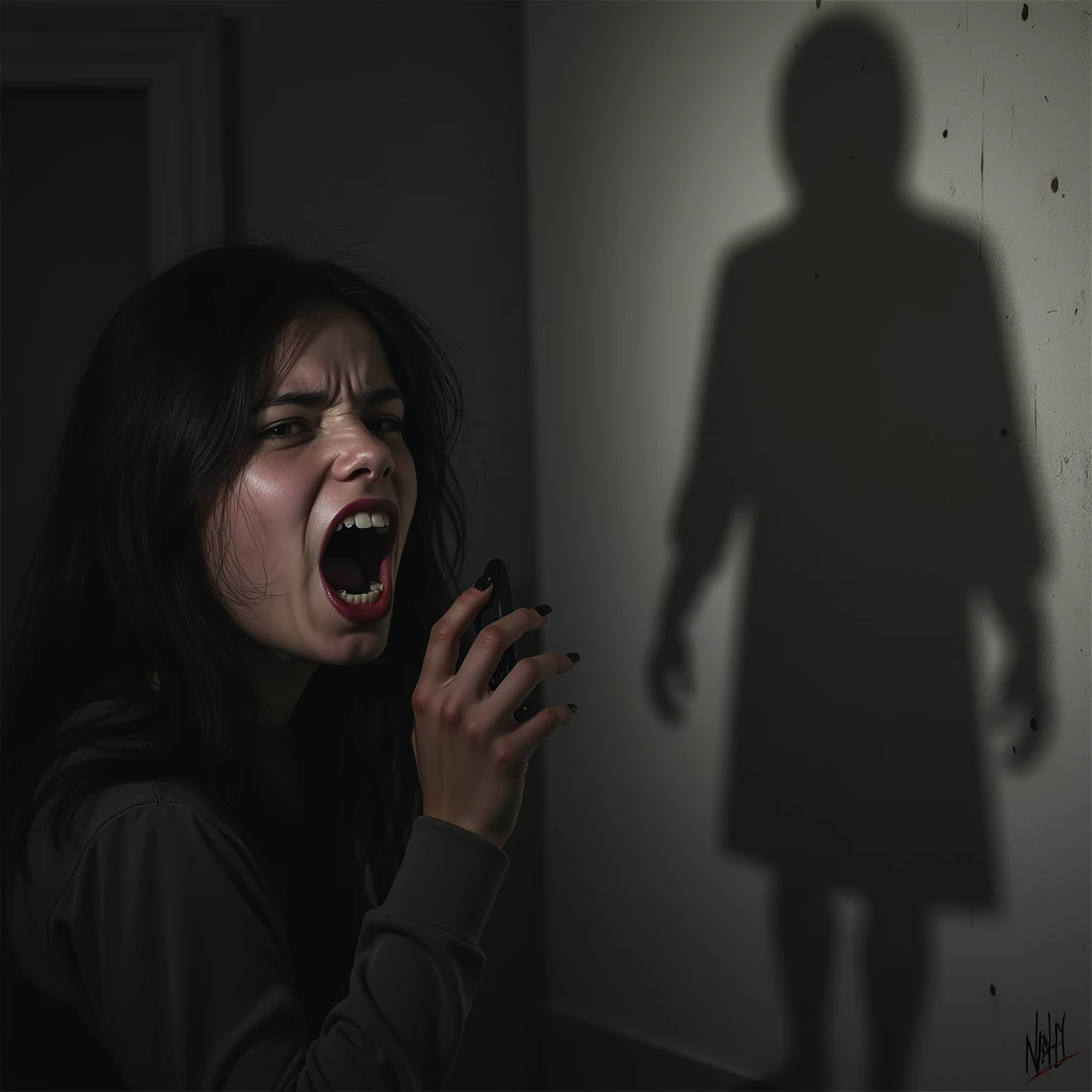 dark, youg girl, shadow of a man on the wall, scream - SeaArt AI