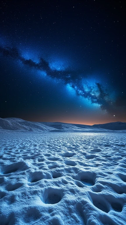 A surreal lunar-like landscape with rugged, icy terrain under a dark ...
