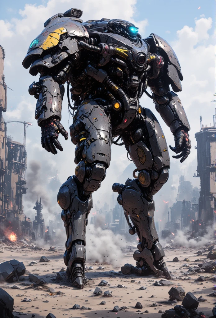 A mechanical robot, exoskeleton,war torn surroundings, extremely ...