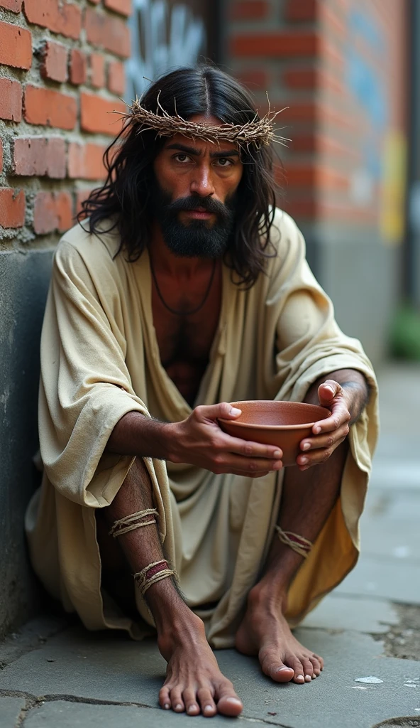 Jesus sits on a cracked urban sidewalk, his frail body leaning slightly ...
