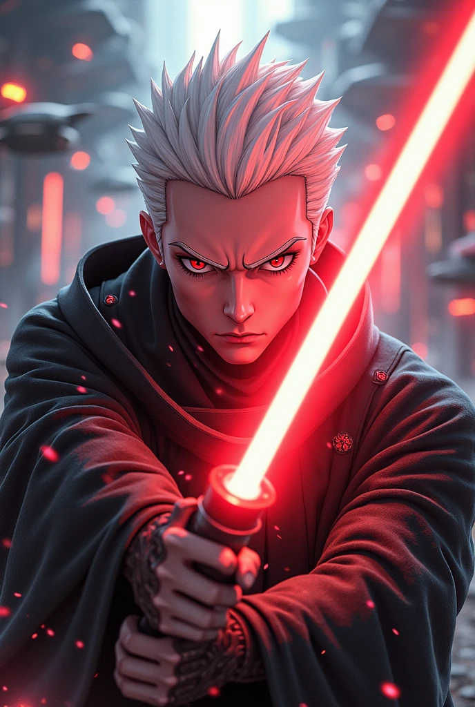 Anime Man, white hair, red eyes, star wars, red saber - SeaArt AI
