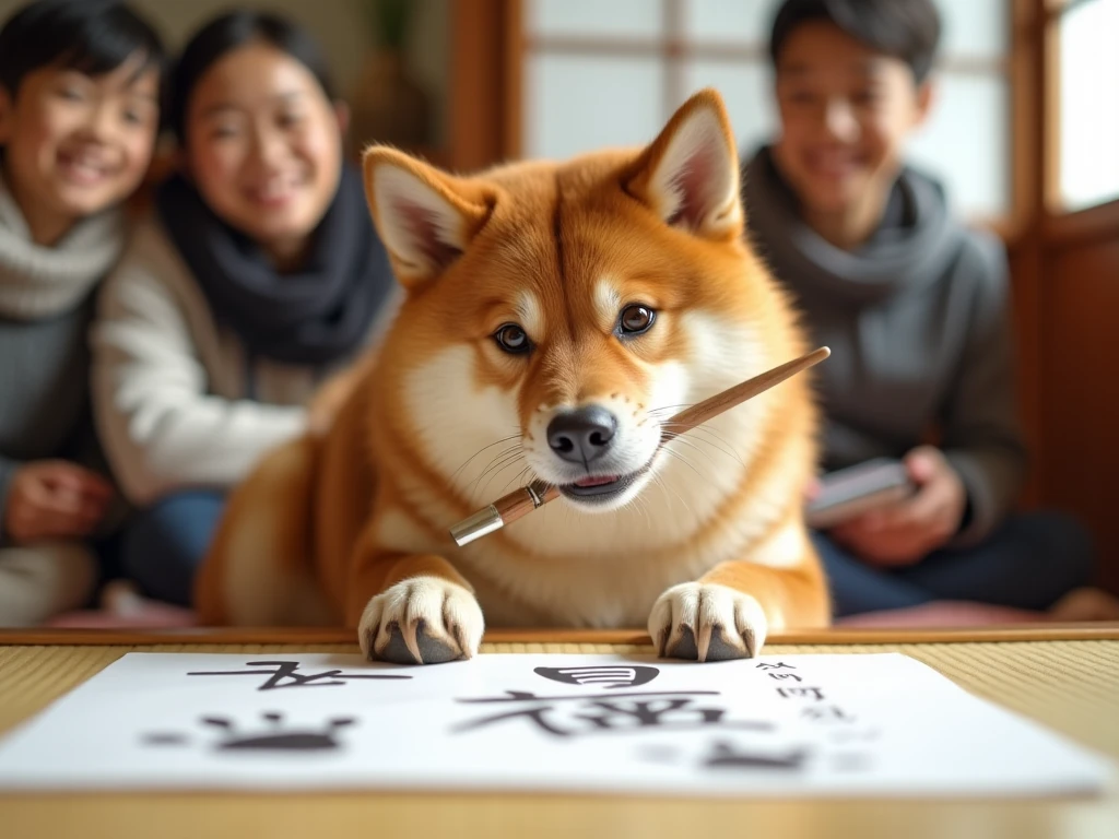 "A photo-realistic image of a Shiba Inu trying calligraphy for New Year ...