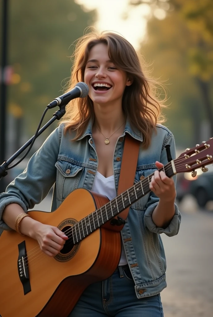 Female French singer with guitar wearing casual youth clothing - SeaArt AI