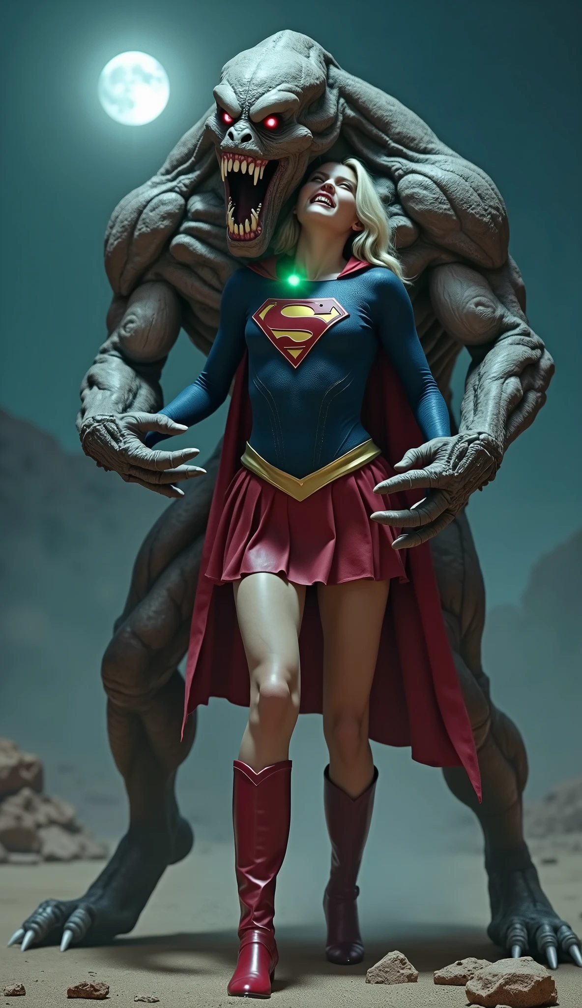 Arafed woman in a superman costume standing next to a monster - SeaArt AI