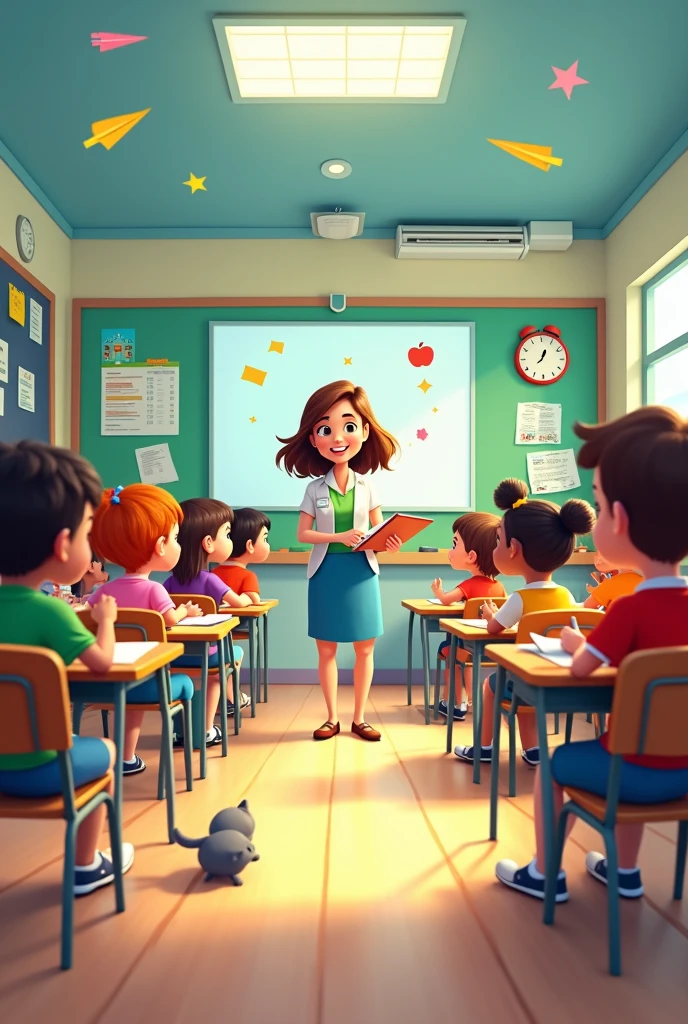 Create cartoon image of a classroom full of students and a teacher ...