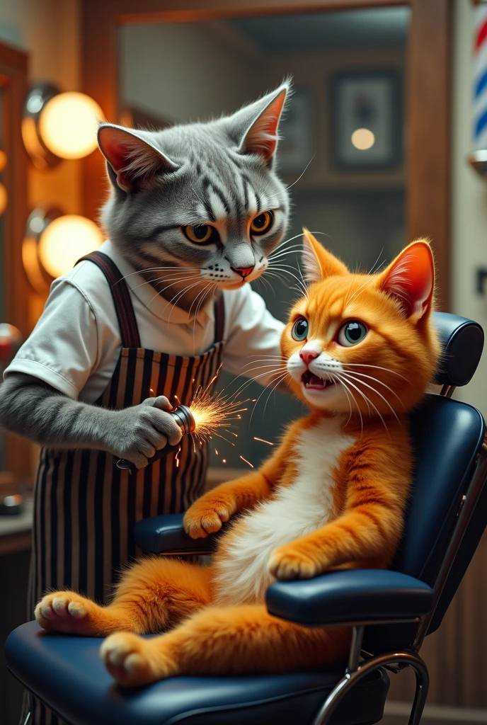 A comical scene of an anthropomorphic male cat barber with sleek gray ...
