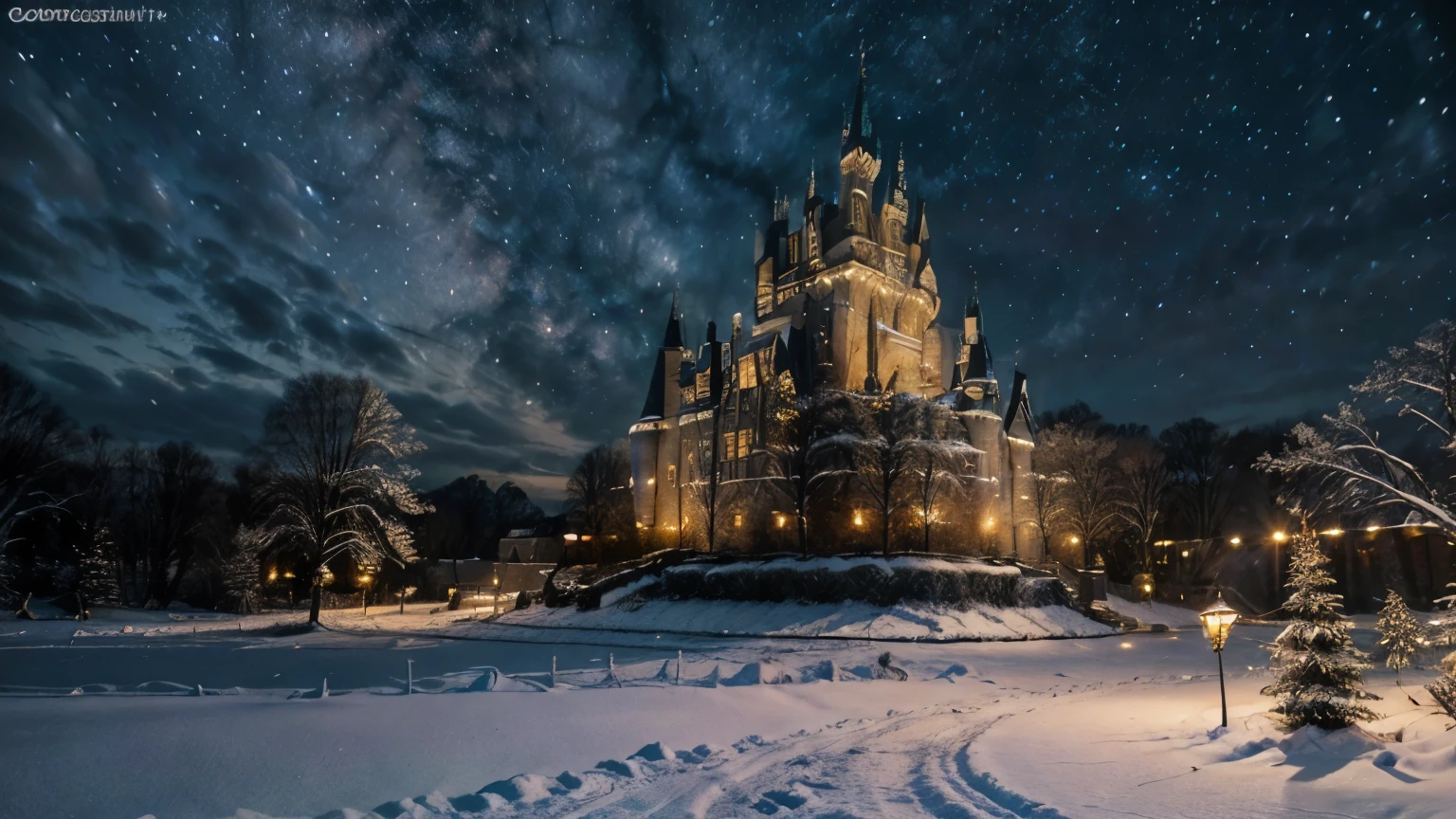 Nighttime shot of a castle in the snow with a lot of lights - SeaArt AI