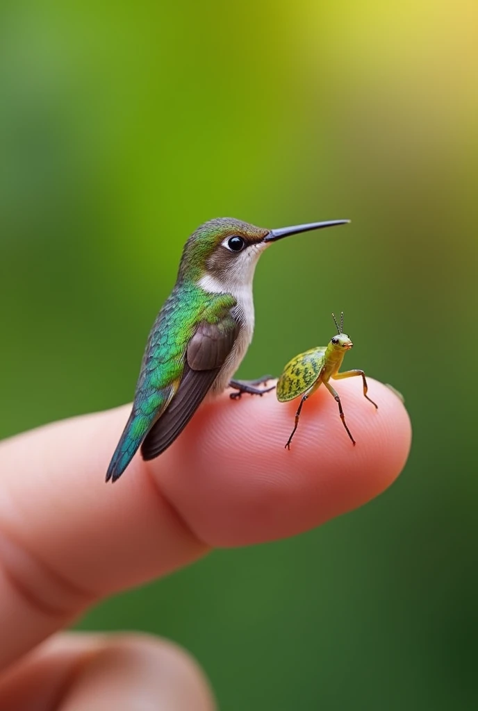 1. “A tiny hummingbird perched delicately on a human index finger ...