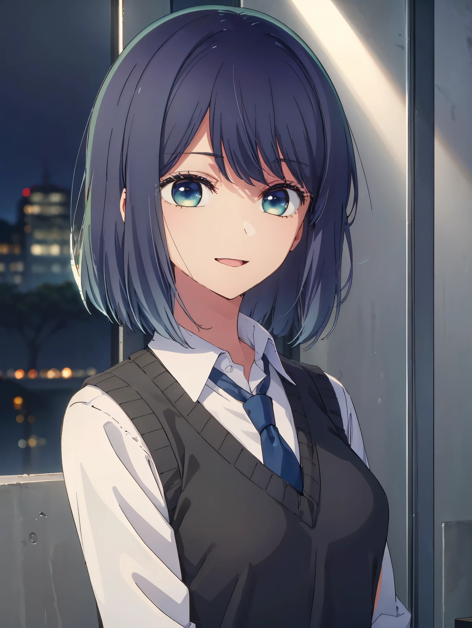 Anime girl with blue eyes and a black vest and tie - SeaArt AI