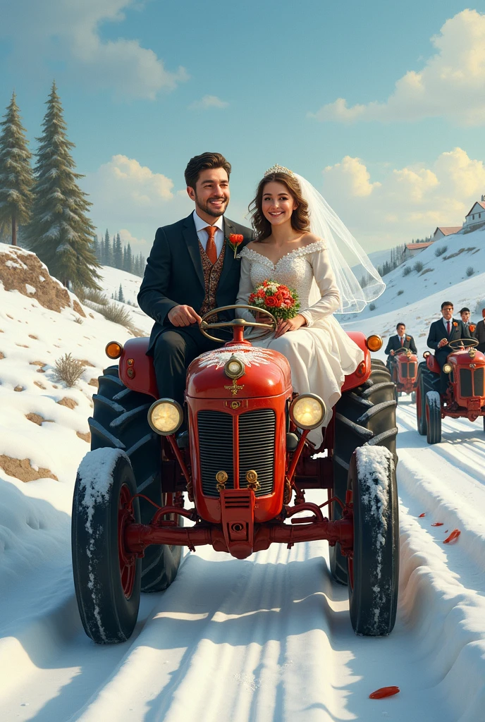 Wedding couple on tractor in deep snow in bosnian hills. Funny - SeaArt AI