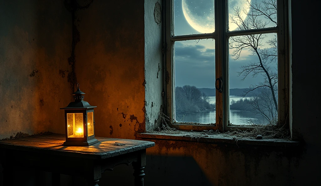 A dark and mysterious atmosphere with an old, abandoned mansion room in ...