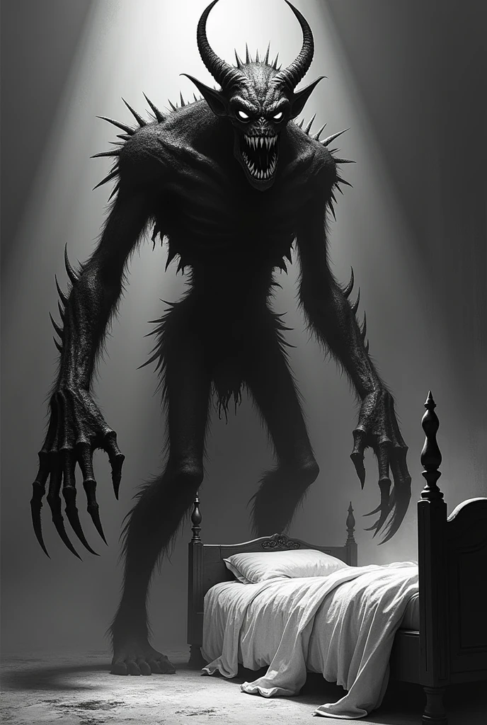 Monster black white eyes long arms and fingers long teeth стоит возле ...