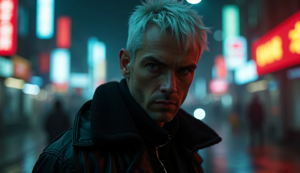 High resolution photo close-up of roy batty man,raining,on a rooftop ...