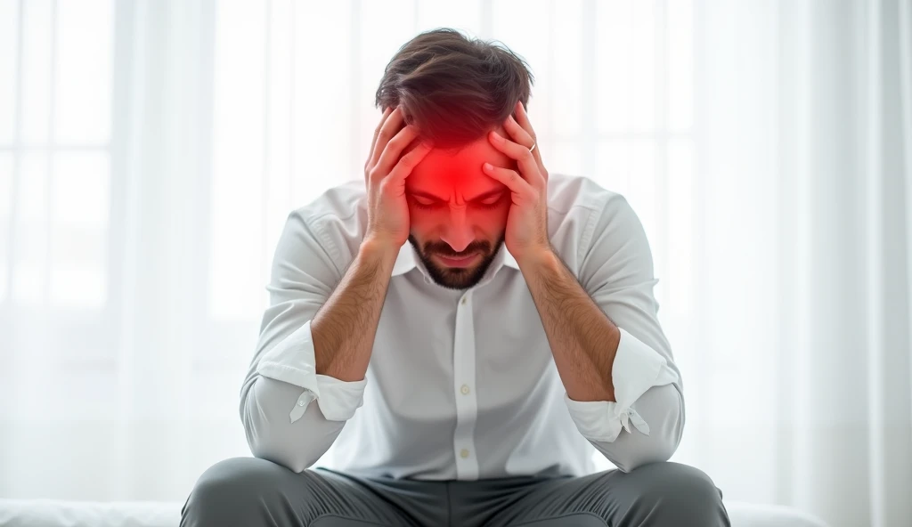 A front-facing image of a man sitting with his head tilted downward ...