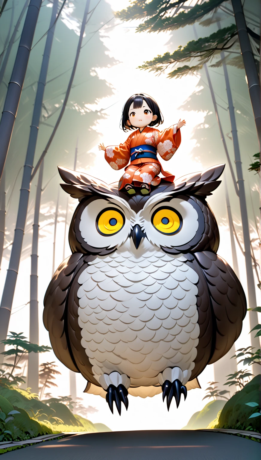 A girl is riding a giant owl , Japanese style yukata ，Hzk, Ultra ...