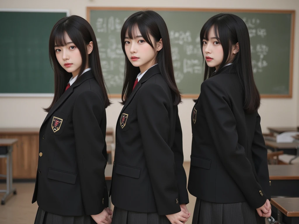 A group of 3 high school girls in blazer uniforms are facing their ...