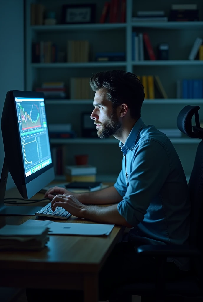 Un barbat,care sta in camera sa la 3 dimineata pe un calculator la ...