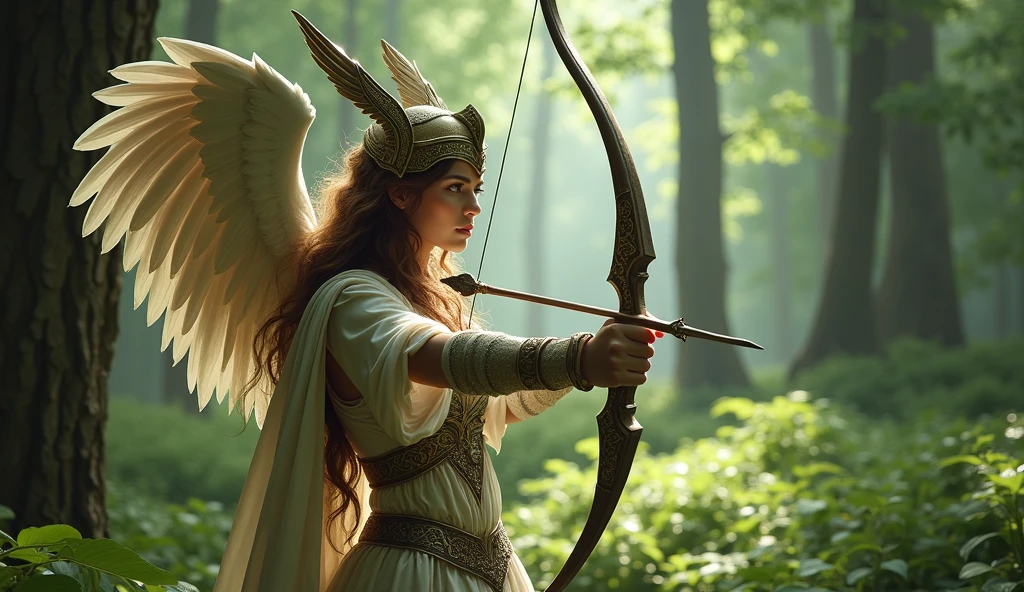 Beautiful girl dressed as a Valkyrie, with a bow in hand, in the green ...