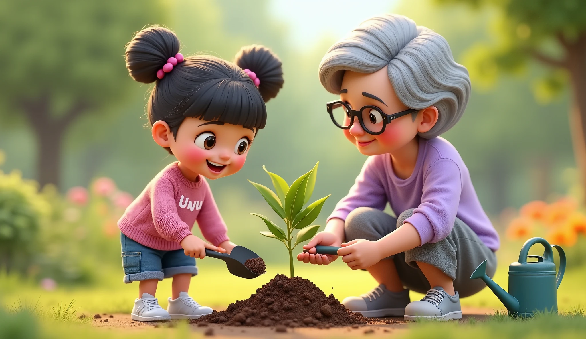 Cartoon image of a woman and a child planting a plant - SeaArt AI