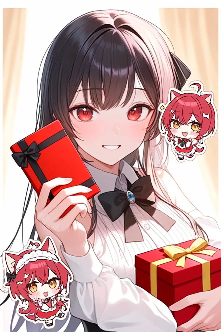 Generate a chibi version of her, while holding a red gift with black ...