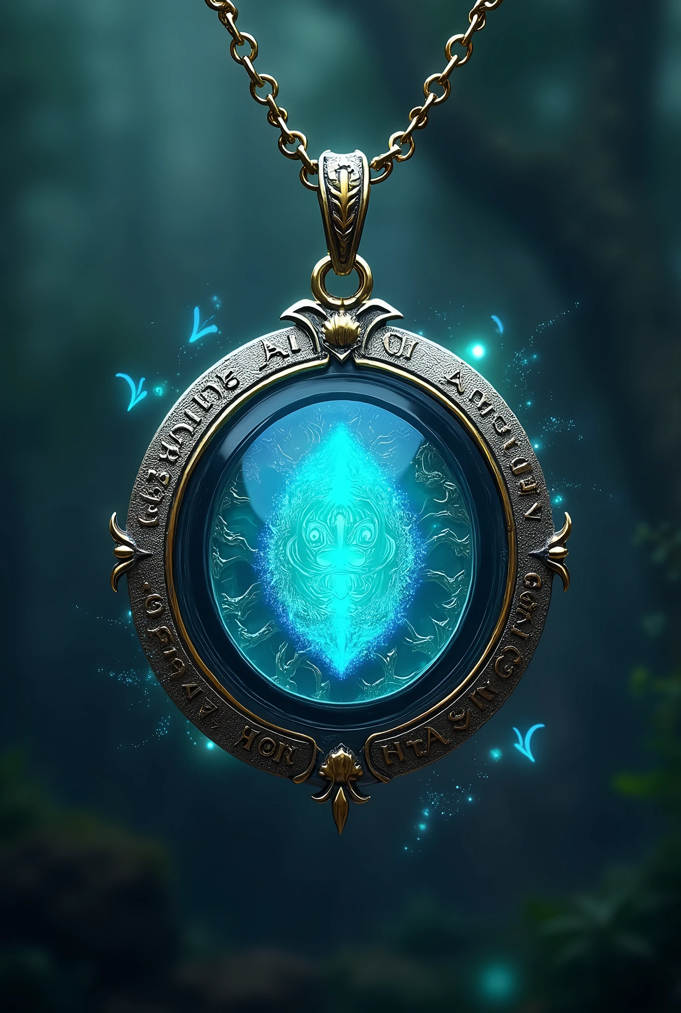There is a necklace with a picture of a glowing blue flower - SeaArt AI