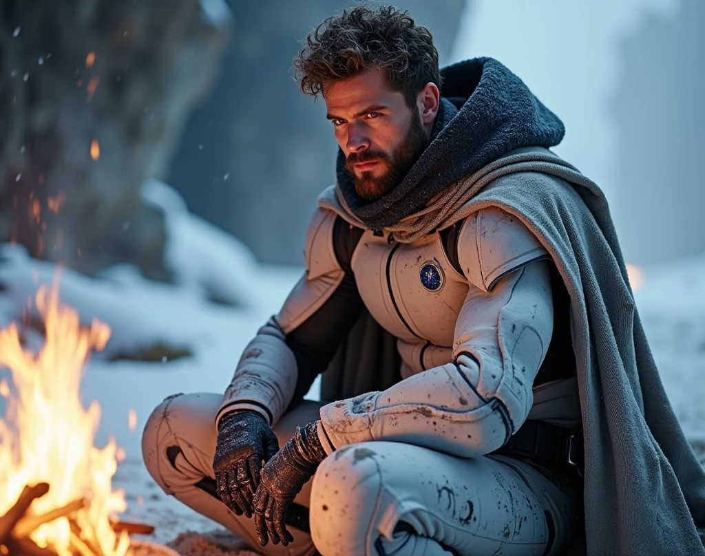 Muscular human white man with short brown messy curly hair and beard ...