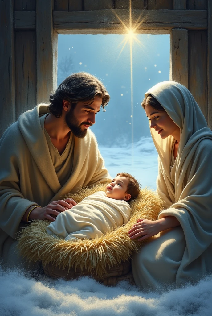 Make a scenario of the birth of Jesus Christ under a cabin with a white ...
