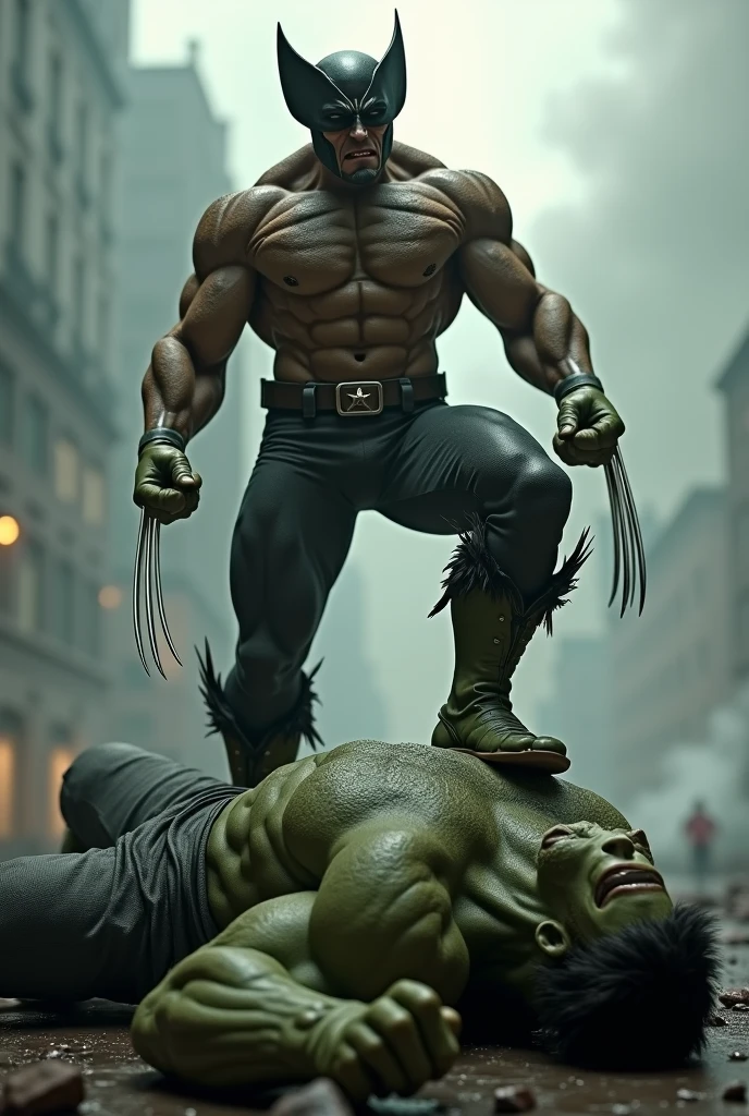 (Photorealism) Wolverine standing with one foot on the top of Hulk ...