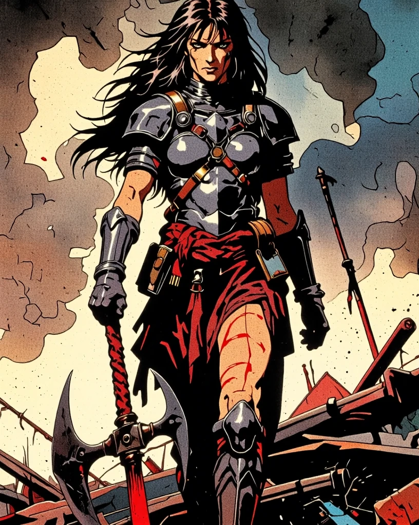 Under a sky choked with smoke and ash, a fierce Bedouin warrior woman ...